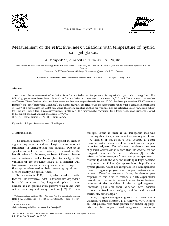 (PDF) Measurement of the refractive-index variations with temperature of hybrid sol–gel glasses