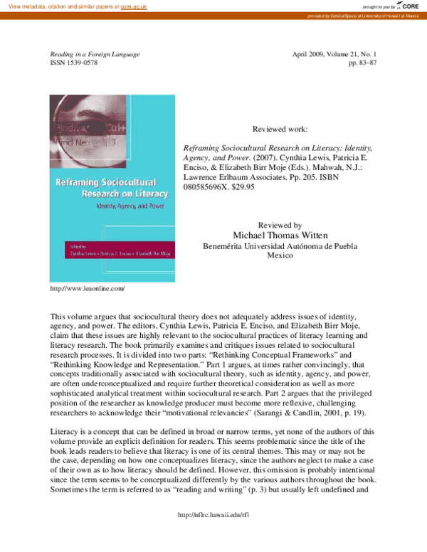 (PDF) Reframing Sociocultural Research on Literacy: Identity, Agency, and Power by Cynthia Lewis ...