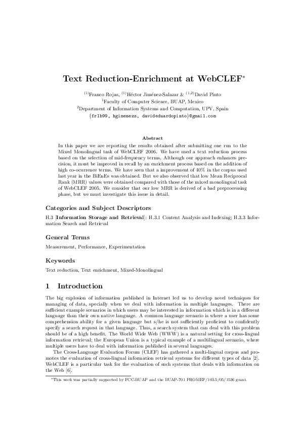 (PDF) Text Reduction-Enrichment at WebCLEF