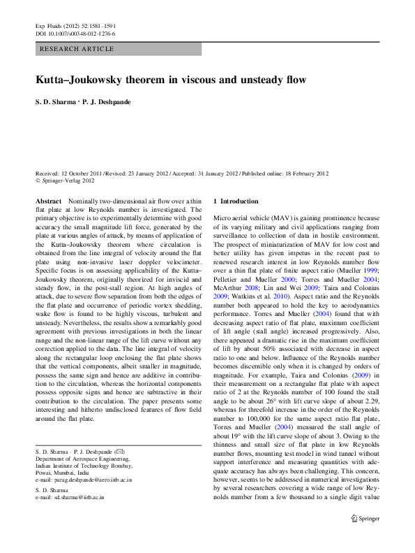 (PDF) Kutta–Joukowsky theorem in viscous and unsteady flow
