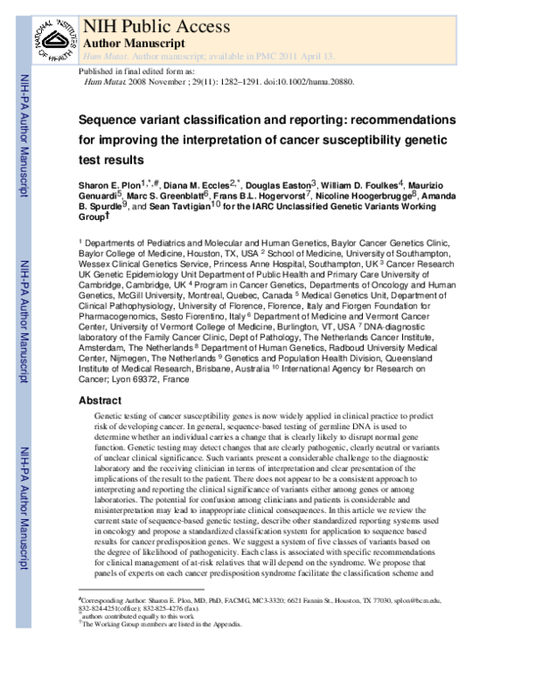 (PDF) Sequence variant classification and reporting: recommendations ...