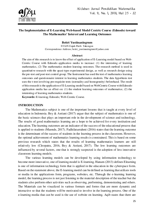 (PDF) The Implementation of E-Learning Web-based Model Centric Course (Edmodo) toward The ...