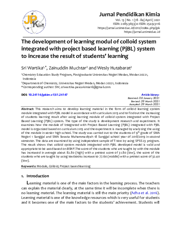 (PDF) The development of learning modul of colloid system integrated with project based learning ...