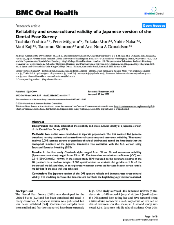 Pdf Reliability And Cross Cultural Validity Of A Japanese Version Of The Dental Fear Survey
