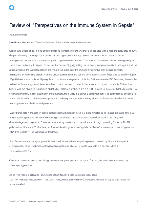 (PDF) Review of: "Perspectives on the Immune System in Sepsis