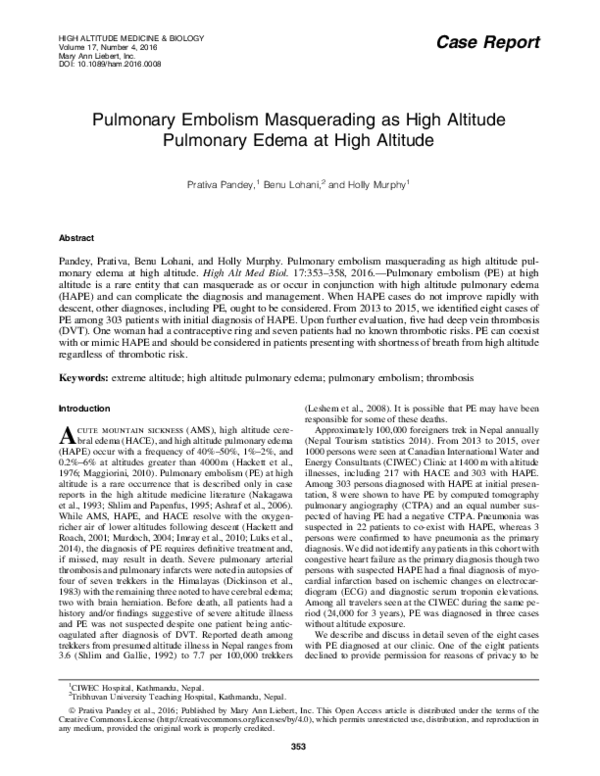 (PDF) Pulmonary Embolism Masquerading as High Altitude Pulmonary Edema ...