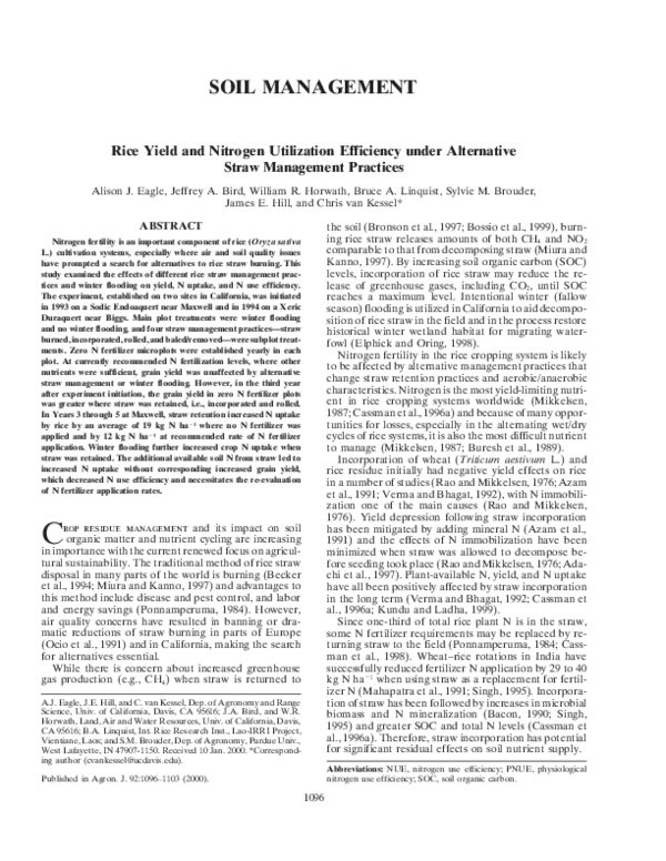 Pdf Rice Yield And Nitrogen Utilization Efficiency Under Alternative Straw Management Practices