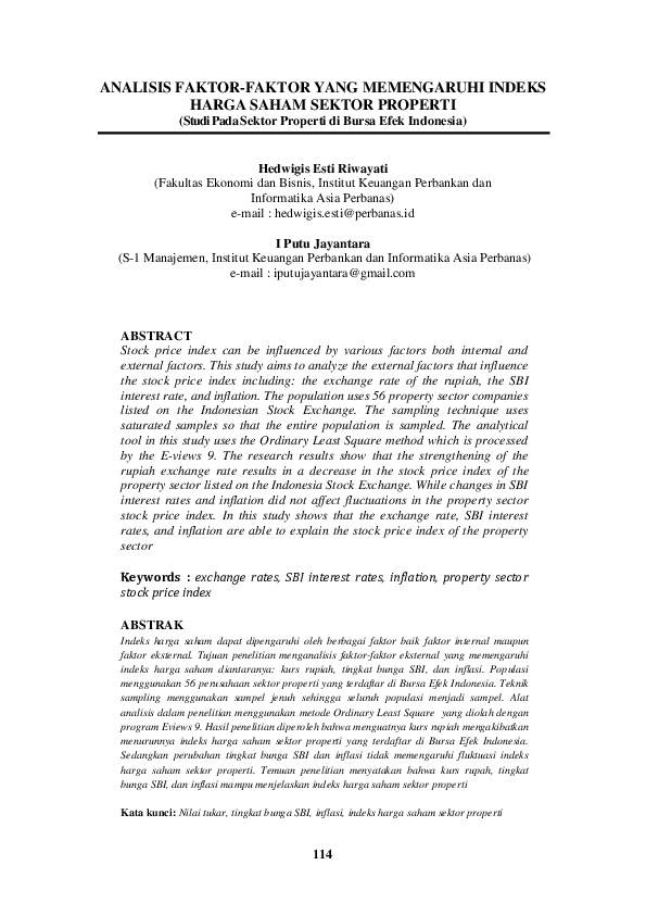 (PDF) ANALISIS FAKTOR-FAKTOR YANG MEMENGARUHI INDEKS HARGA SAHAM SEKTOR PROPERTI (Studi Pada ...
