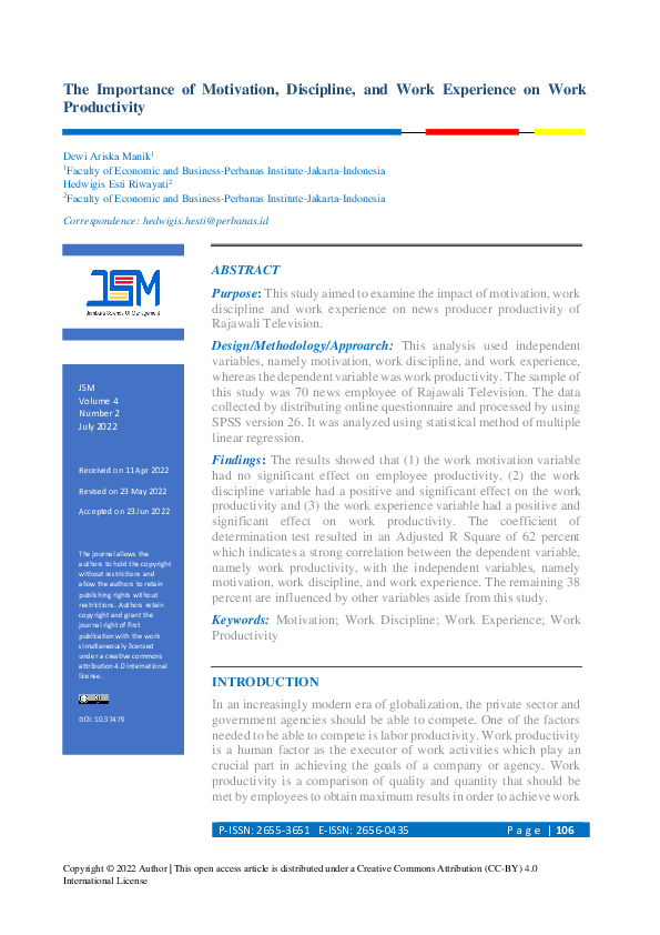 (PDF) The Importance of Motivation, Discipline, and Work Experience on Work Productivity