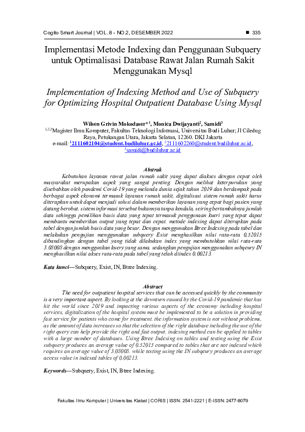 (PDF) Implementasi Metode Indexing dan Penggunaan Subquery untuk Optimalisasi Database Rawat ...