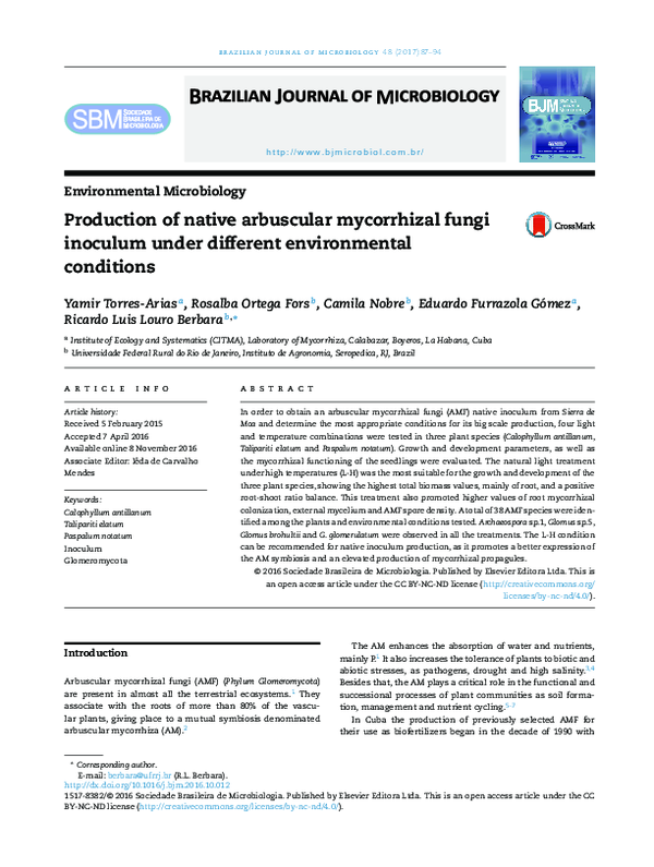 (PDF) Production of native arbuscular mycorrhizal fungi inoculum under different environmental ...