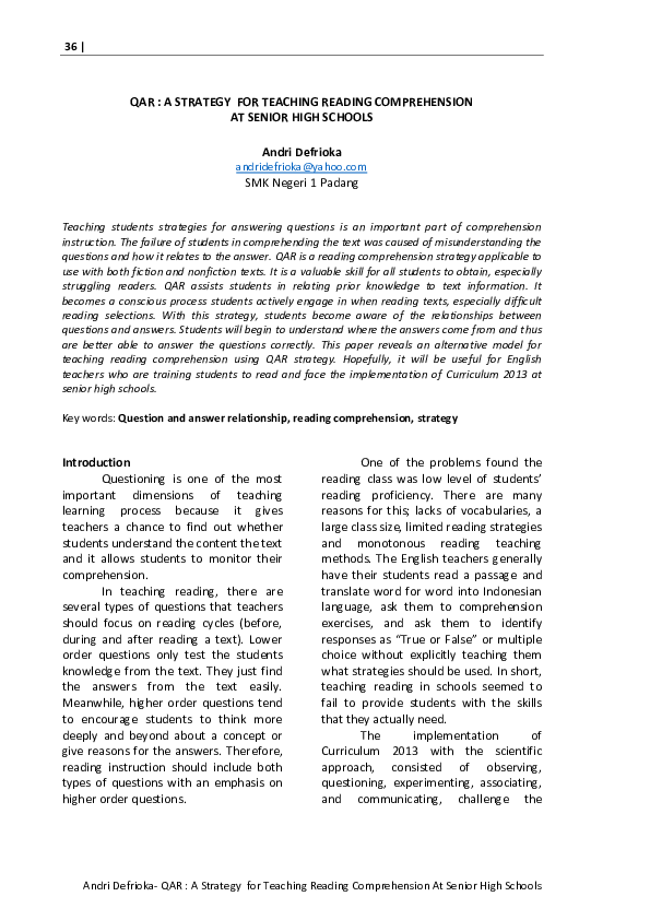 (PDF) Qar : A Strategy for Teaching Reading Comprehension at Senior ...