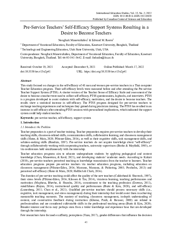 (PDF) Pre-Service Teachers’ Self-Efficacy Support Systems Resulting in a Desire to Become Teachers