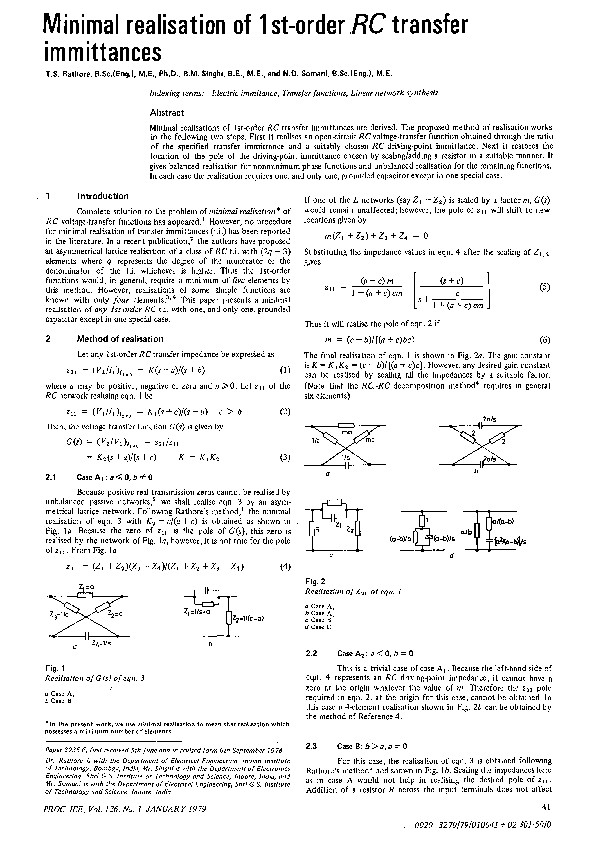 Pdf Minimal Realisation Of 1st Order Rc Transfer Immittances