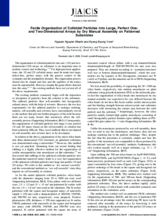 (PDF) Facile Organization of Colloidal Particles into Large, Perfect One- and Two-Dimensional ...
