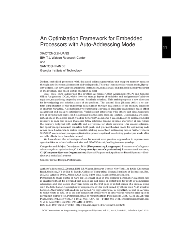 (PDF) An optimization framework for embedded processors with auto-addressing mode