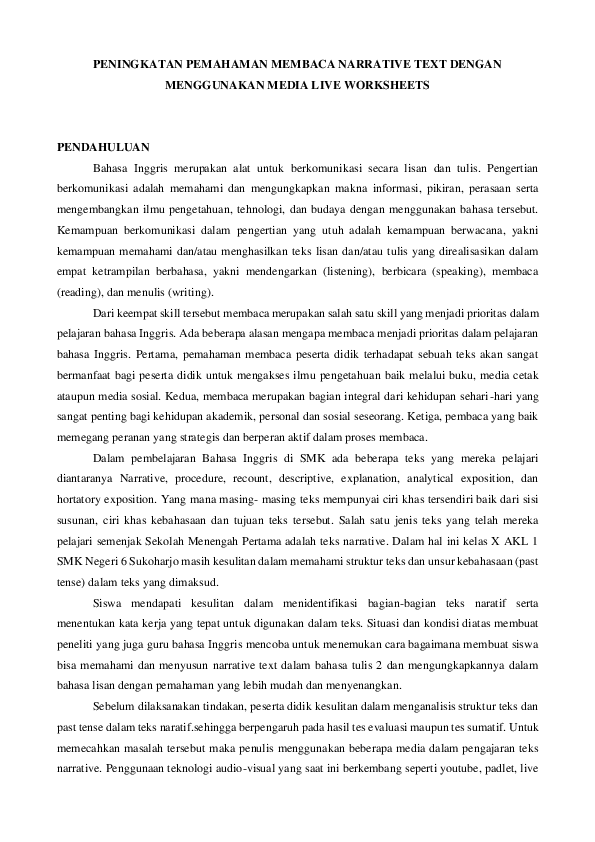 (PDF) PENINGKATAN PEMAHAMAN MEMBACA NARRATIVE TEXT DENGAN MENGGUNAKAN MEDIA LIVE WORKSHEETS