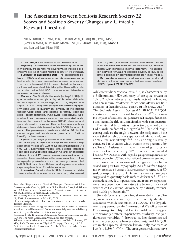 (PDF) The Association Between Scoliosis Research Society-22 Scores and ...