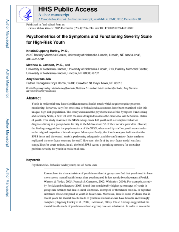 (PDF) Psychometrics of the Symptoms and Functioning Severity Scale for ...