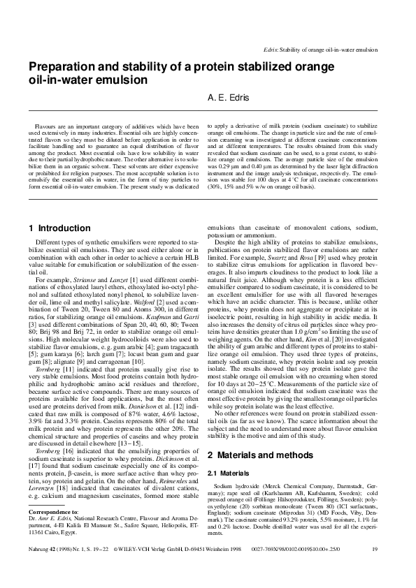 (PDF) Preparation and stability of a protein stabilized orange oil-in ...