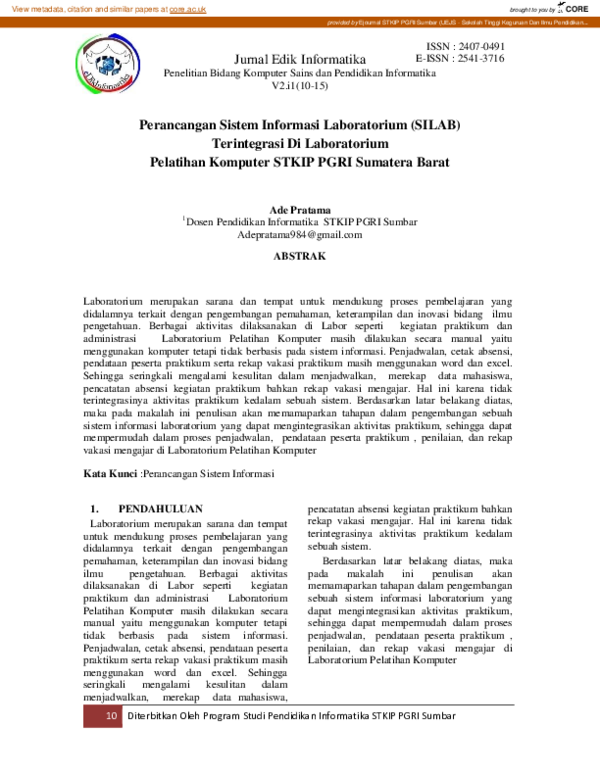 (PDF) Perancangan Sistem Informasi Laboratorium (SILAB) Terintegrasi Di Laboratorium Pelatihan ...