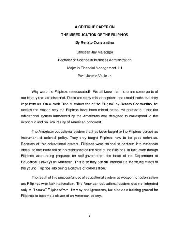 (PDF) A CRITIQUE PAPER ON THE MISEDUCATION OF THE FILIPINOS