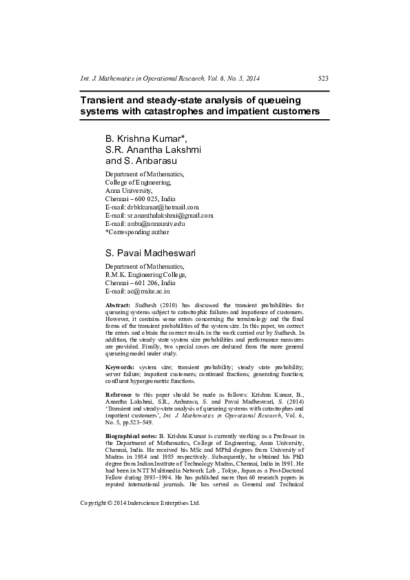 (PDF) Transient and steady-state analysis of queueing systems with catastrophes and impatient ...