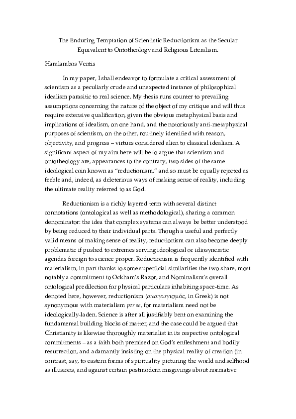 (DOC) The Enduring Temptation of Scientistic Reductionism as the ...