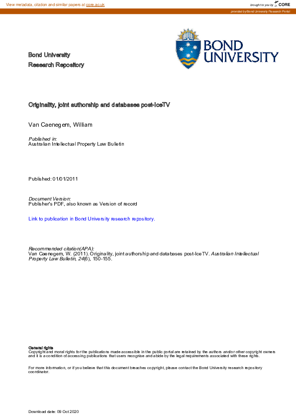 (PDF) Originality, joint authorship and databases post-IceTV