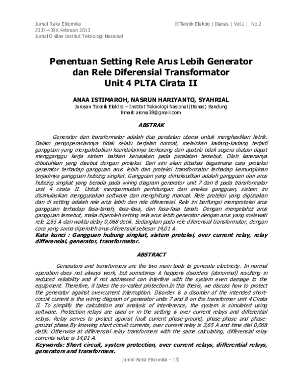 (PDF) Penentuan Setting Rele Arus Lebih Generator dan Rele Diferensial Transformator Unit 4 PLTA ...