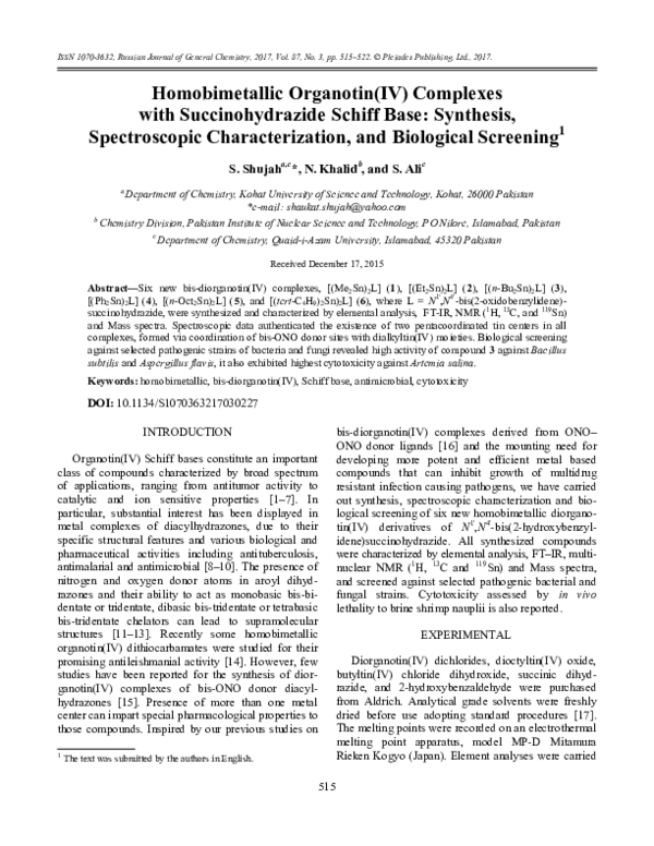 (PDF) Homobimetallic organotin(IV) complexes with succinohydrazide Schiff base: Synthesis ...