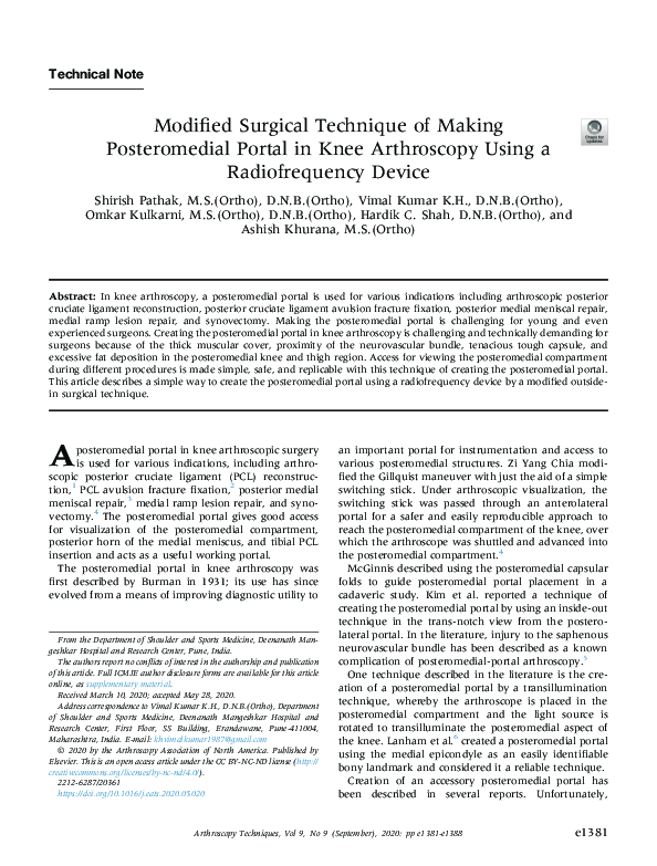 Pdf Modified Surgical Technique Of Making Posteromedial Portal In