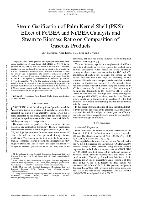 (PDF) Steam Gasification Of Palm Kernel Shell (Pks): Effect Of Fe/Bea And Ni/Bea Catalysts And ...