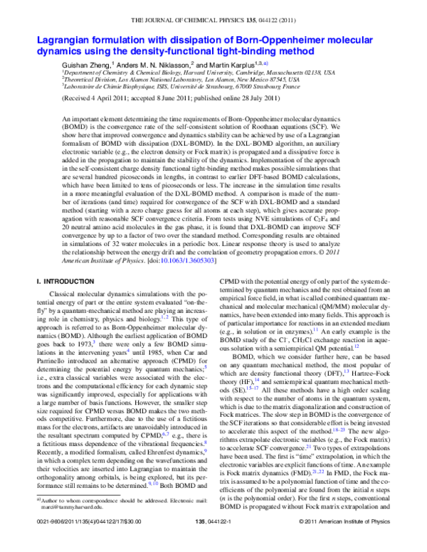 (PDF) Lagrangian formulation with dissipation of Born-Oppenheimer molecular dynamics using the ...