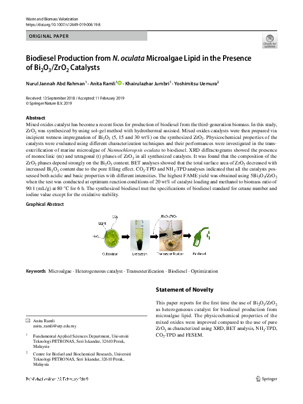 (PDF) Biodiesel Production from N. oculata Microalgae Lipid in the Presence of Bi2O3/ZrO2 Catalysts