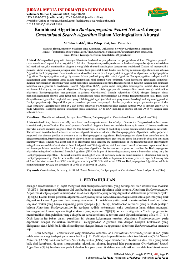 Pdf Kombinasi Algoritma Backpropagation Neural Network Dengan Gravitational Search Algorithm