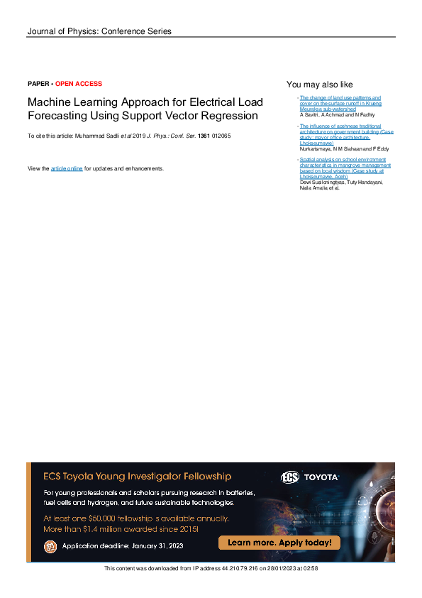 (PDF) Machine Learning Approach for Electrical Load Forecasting Using Support Vector Regression