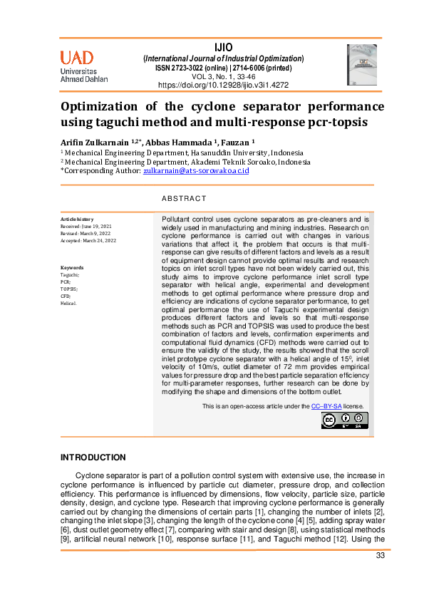 Pdf Optimization Of The Cyclone Separator Performance Using Taguchi Method And Multi Response