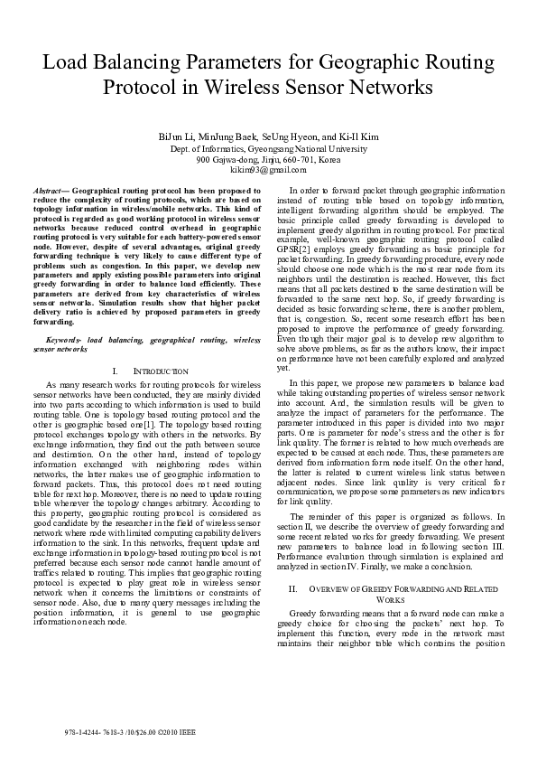(PDF) Load balancing parameters for geographic routing protocol in ...