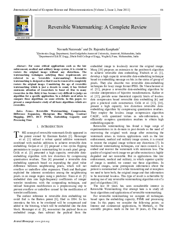 (PDF) Reversible Watermarking: A Complete Review