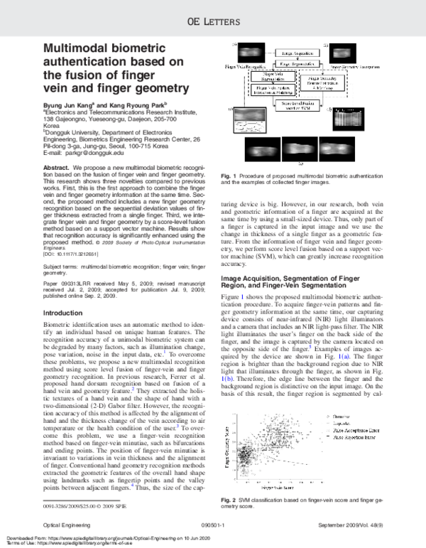 Pdf Multimodal Biometric Authentication Based On The Fusion Of Finger Vein And Finger Geometry