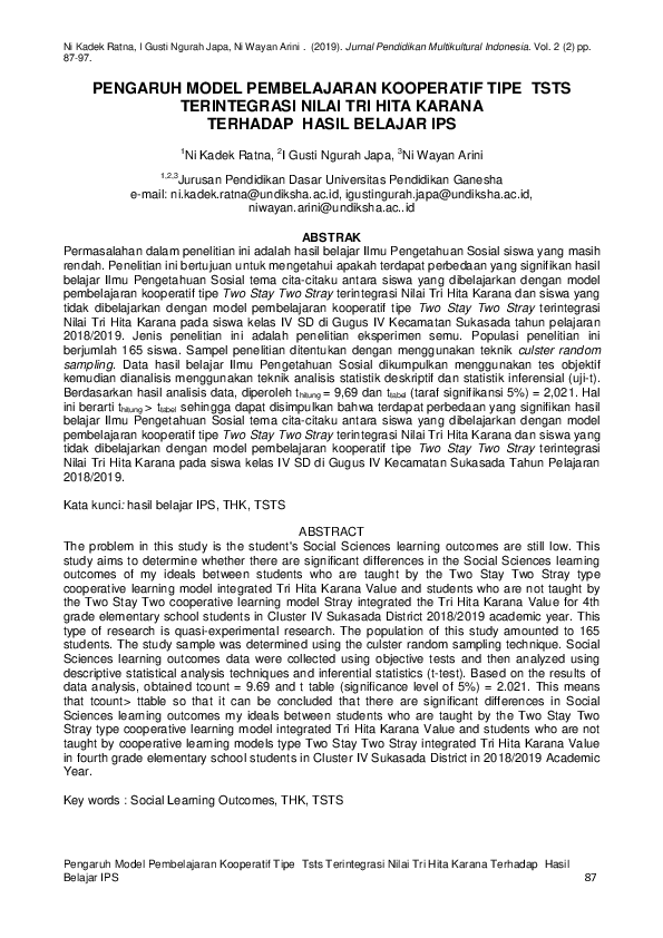 (PDF) Pengaruh Model Pembelajaran Kooperatif Tipe TSTS Terintegrasi Nilai Tri Hita Karana ...