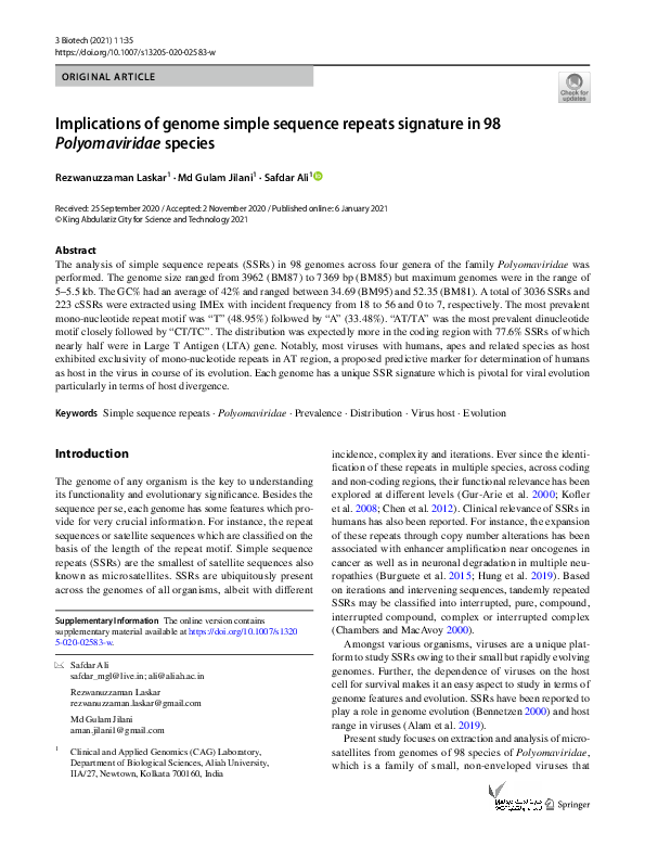 (PDF) In-Silico Assessment of Implications of Simple Sequence Repeats Signature in 98 Genomes of ...