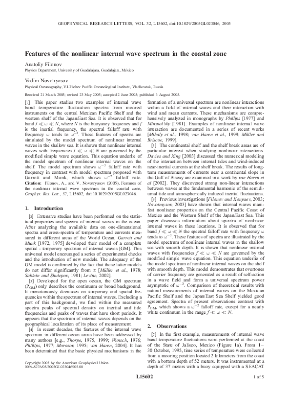 (PDF) Features of the nonlinear internal wave spectrum in the coastal zone