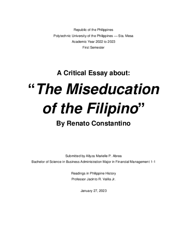 (PDF) ACT 6: A Critical Essay about: "The Miseducation of the Filipino" by Renato Constantino