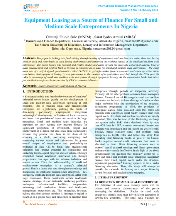(PDF) Equipment Leasing as a Source of Finance For Small and Medium Scale Entrepreneurs In Nigeria