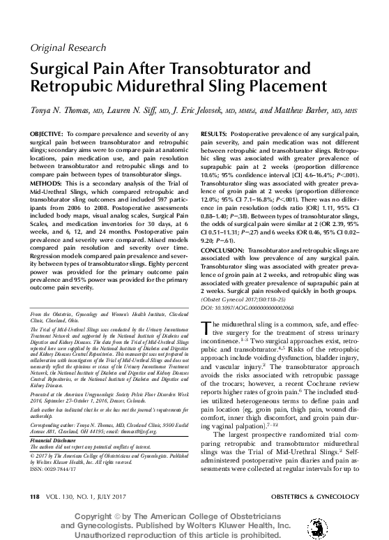 (PDF) Surgical Pain After Transobturator and Retropubic Midurethral ...