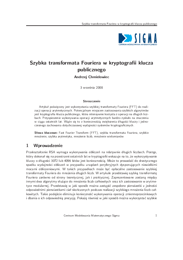 (PDF) Szybka transformata Fouriera w kryptografii klucza publicznego ...