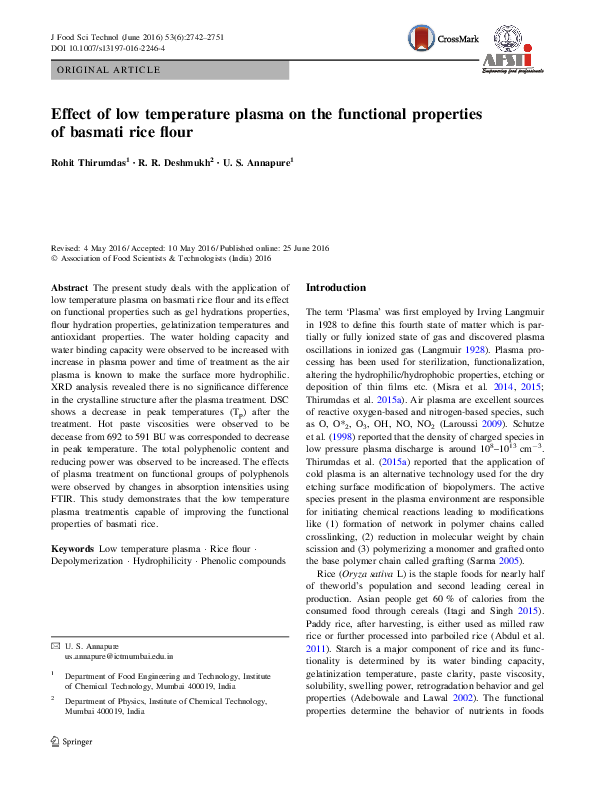 (PDF) Effect of low temperature plasma on the functional properties of ...