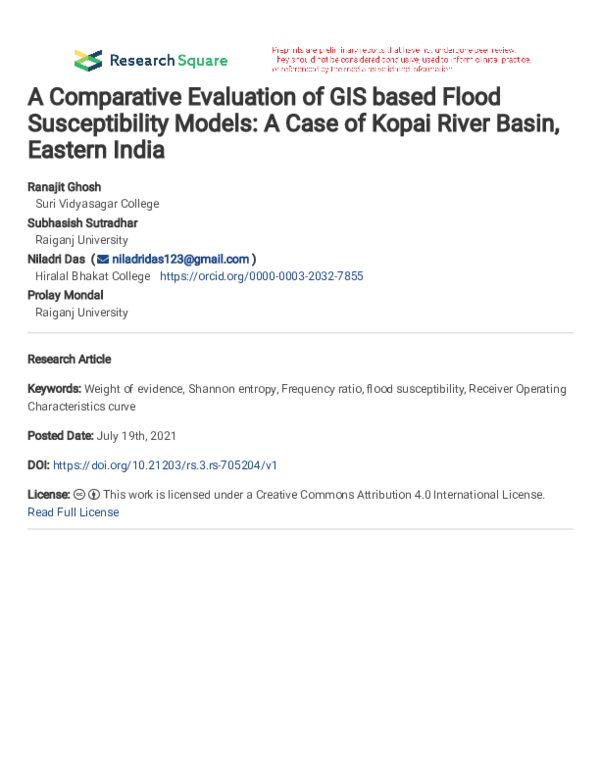 (PDF) A Comparative Evaluation of GIS based Flood Susceptibility Models: A Case of Kopai River ...